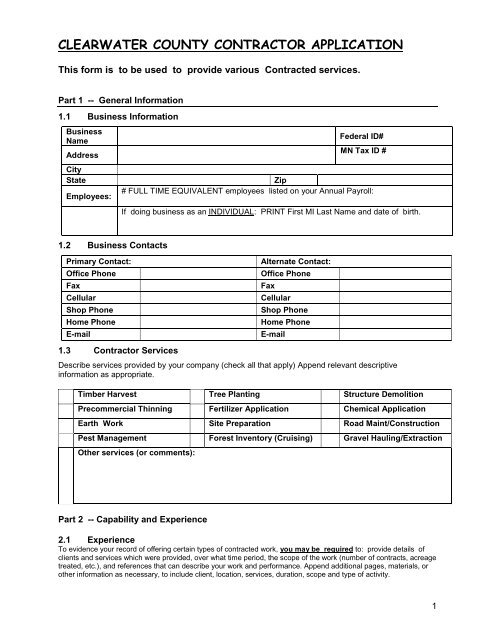 CONTRACTOR APPLICATION FORM - Clearwater County