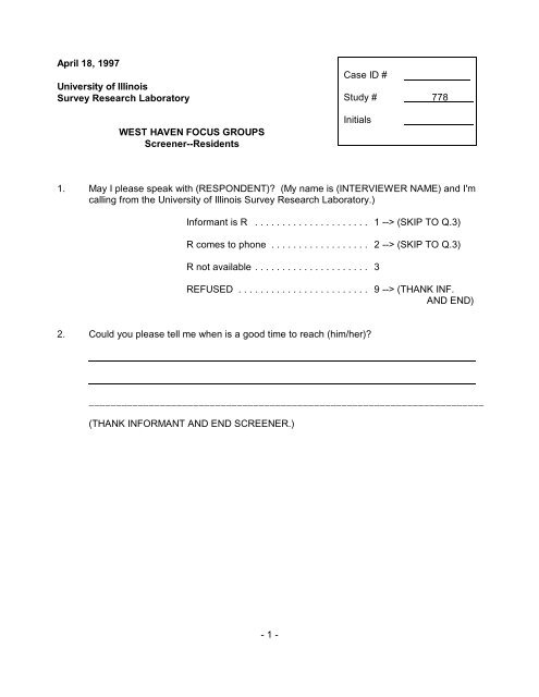 Screening Questionnaire - Survey Research Laboratory
