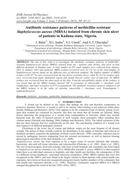 Antibiotic resistance patterns of methicillin-resistant Staphylococcus aureus (MRSA) isolated ...