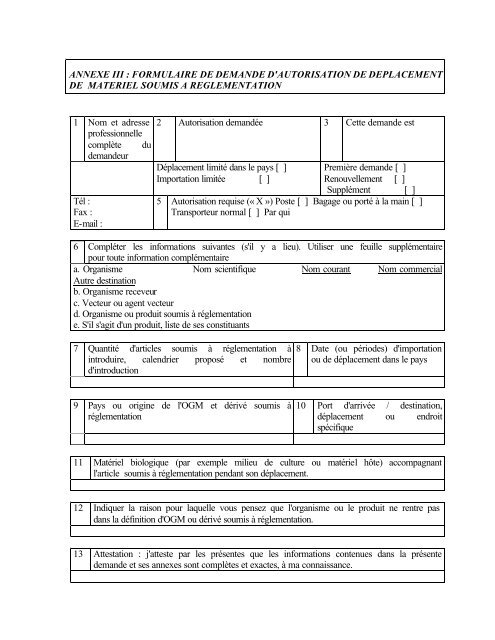 ANNEXE III : FORMULAIRE DE DEMANDE D'AUTORISATION DE ...