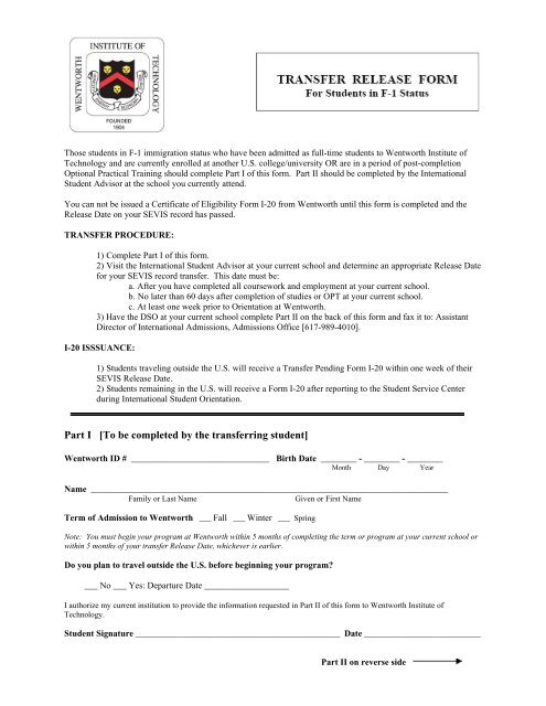 Transfer Release Form - Wentworth Institute of Technology