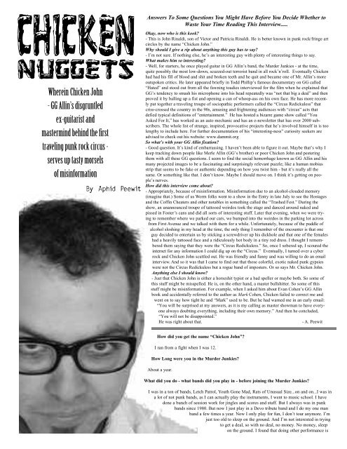 Wherein Chicken John - GG Allin's disgruntled ex ... - Wormblower