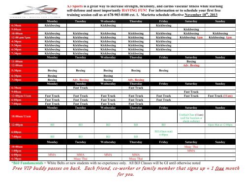 Class Schedule - X3 Sports
