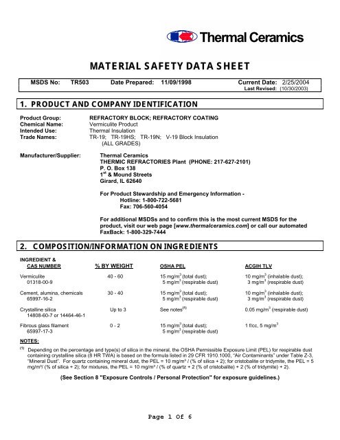 Thermal Ceramics MATERIAL SAFETY DATA SHEET