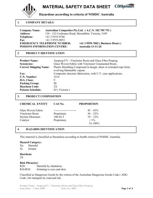 MATERIAL SAFETY DATA SHEET - Australian Composites Pty., Ltd