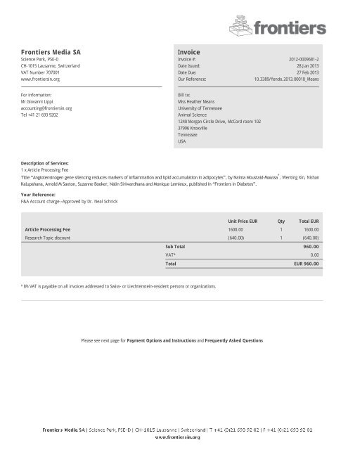 Frontiers Media SA Invoice