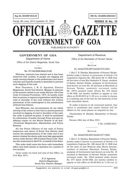 GOVERNMENT OF GOA - Goaprintingpress.gov.in