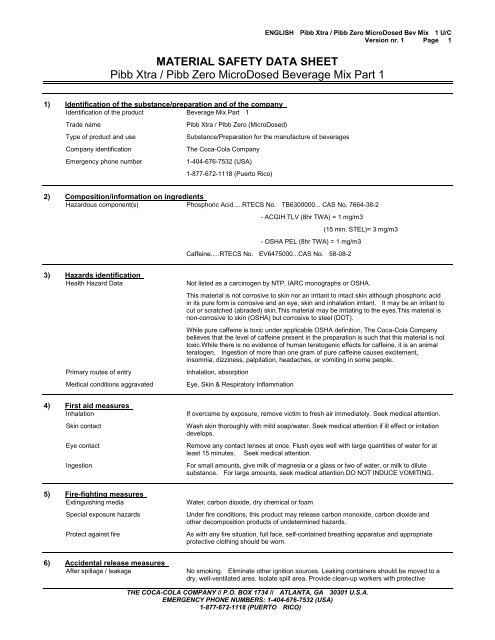 MATERIAL SAFETY DATA SHEET Pibb Xtra / Pibb Zero MicroDosed ...