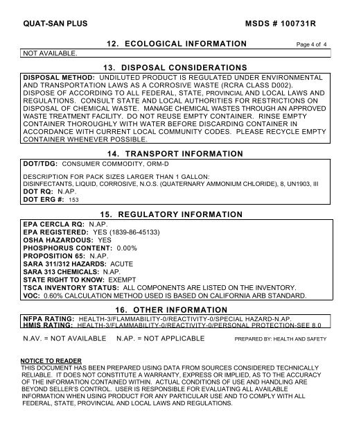 QUAT-SAN PLUS MSDS # 1007