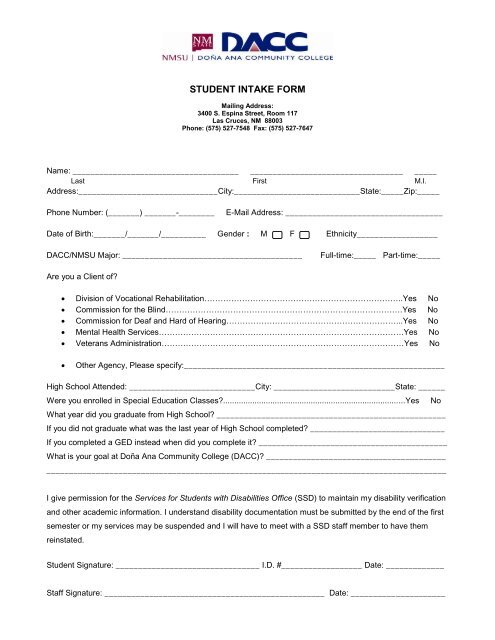 STUDENT INTAKE FORM - Dona Ana Community College