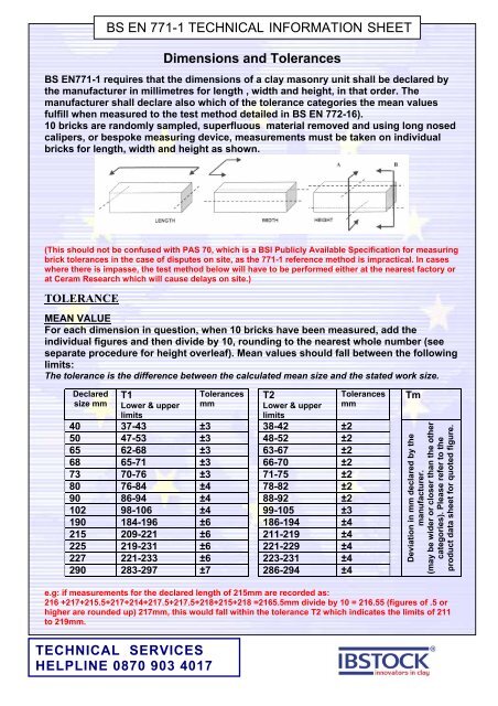 Dimensions and Tolerances BS EN 771-1 TECHNICAL ... - Ibstock