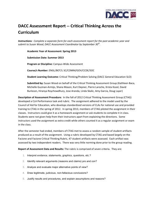 Critical Thinking Assessment Report 12/13 AY