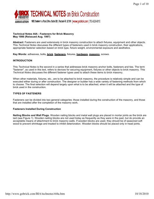 Tech Note 44A Fasteners For Brick Masonry