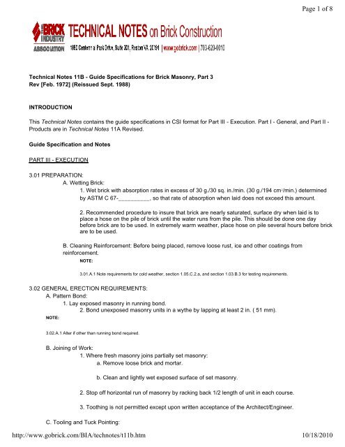 Tech Note 11B Guide Specifications For Brick Masonry