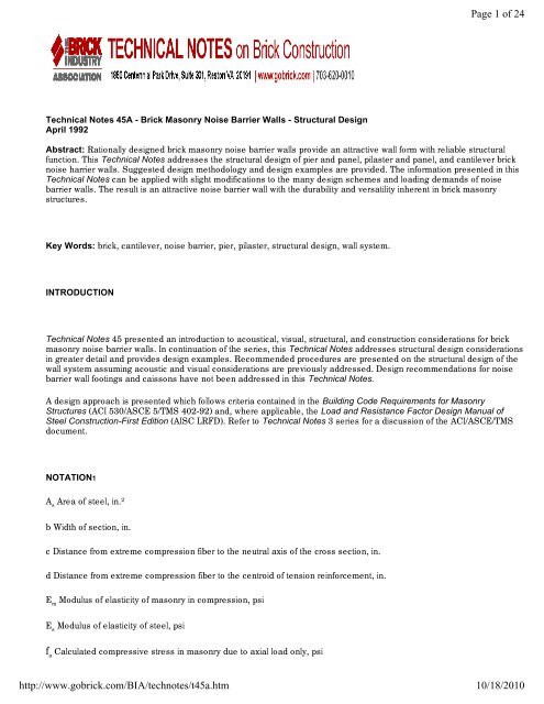 Tech Note 45A Brick Masonry Noise Barrier Walls Structural Design