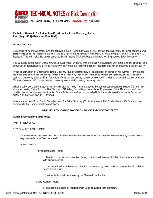 Tech Note 11C Guide Specifications For Brick Masonry