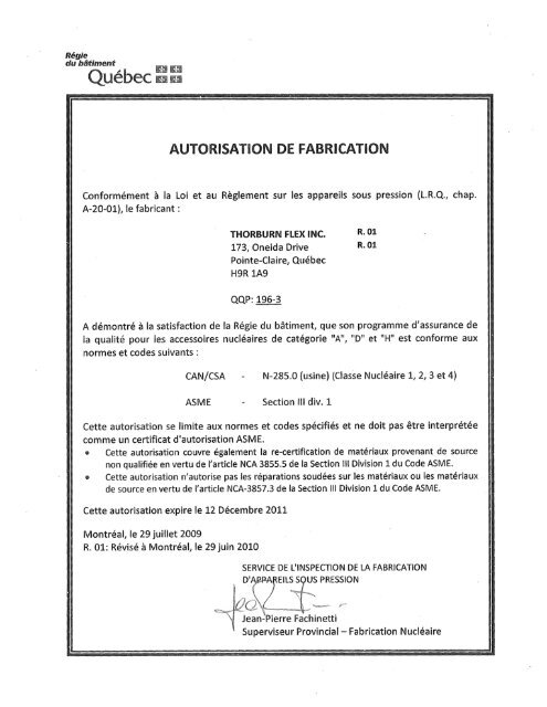 AUTORISATION DE FABRICATION - Thorburn Flex Inc