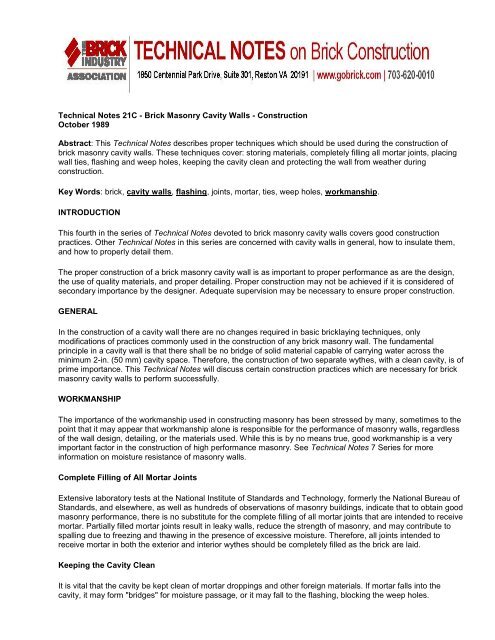 Technical Notes 21C - Brick Masonry Cavity Walls - Construction ...