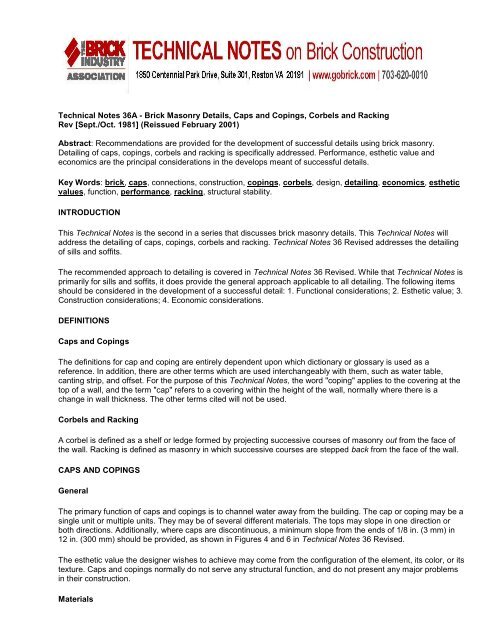 Technical Notes 36A - Brick Masonry Details, Caps and Copings ...
