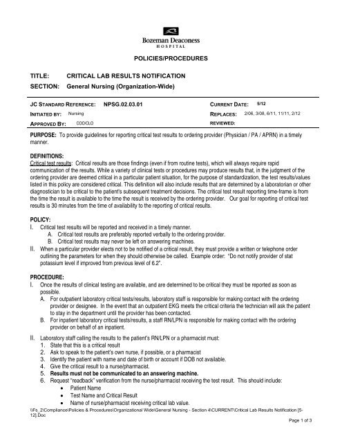 Critical Values - Mayo Medical Laboratories