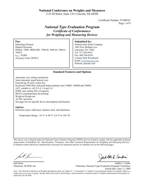 REVISED AND UPDATED NTEP CERTIFICATION (6/2009) #97 ...