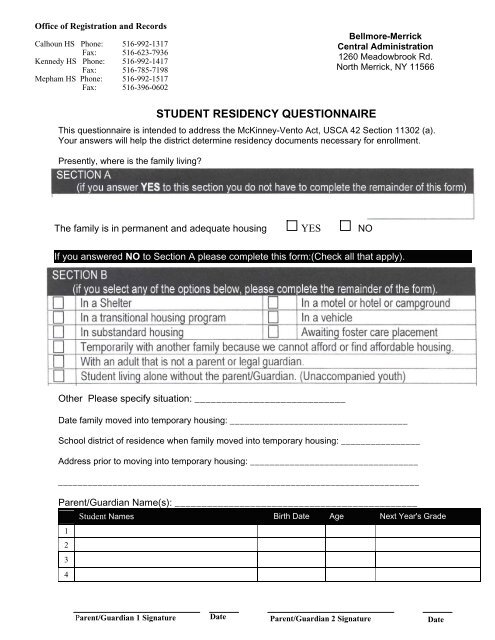 student residency questionnaire - Bellmore-Merrick Central High ...