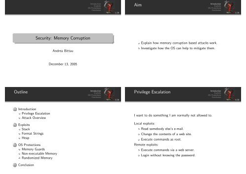 Security: Memory Corruption Aim Outline Privilege Escalation