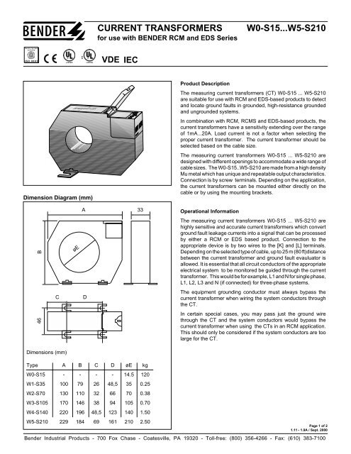 current transformers w0-s15...w5-s210 - Bender Benelux BV