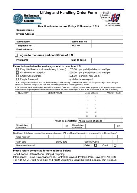 Lifting and Handling Order Form