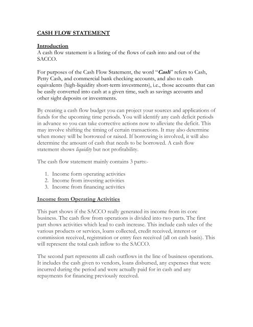 CASH FLOW STATEMENT Introduction A cash flow statement is a ...