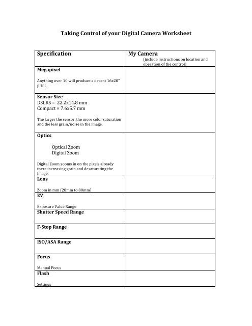 Taking Control of your Digital Camera Worksheet