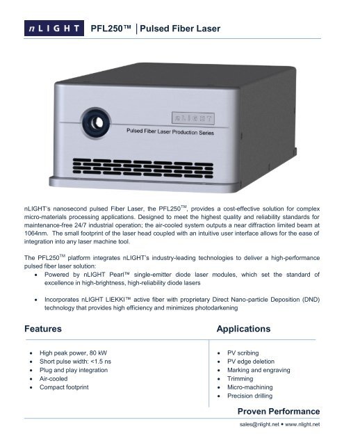 PFL250â ¢ Pulsed Fiber Laser Features Applications - nLIGHT