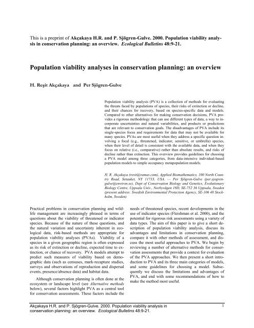 Population Viability Analyses In Conservation Planning Ramas