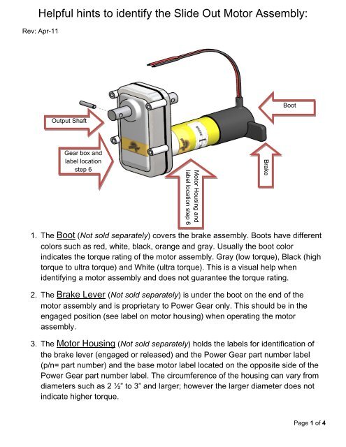 Helpful hints to identify the Slide Out Motor Assembly: - Power Gear