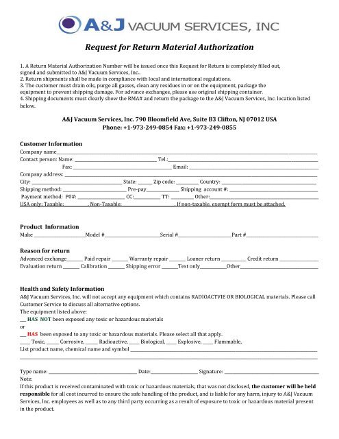 Request for Return Material Authorization - AJVS.com