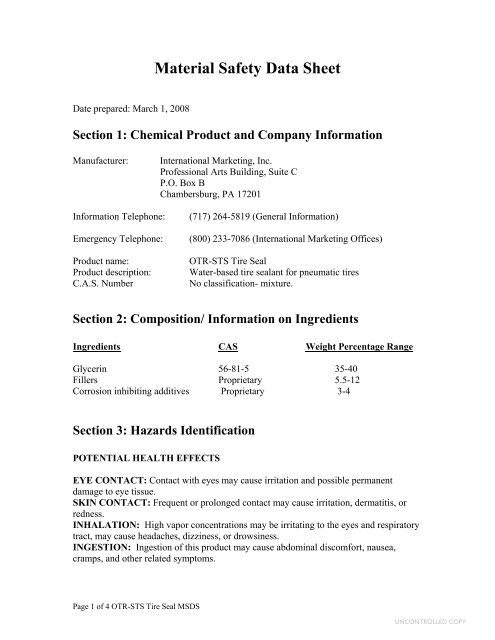 Material Safety Data Sheet - Myers Tire Supply
