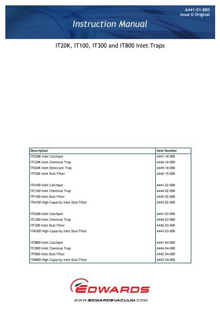 IT20K, IT100, IT300 and IT800 Inlet Traps Instruction ... - Edwards