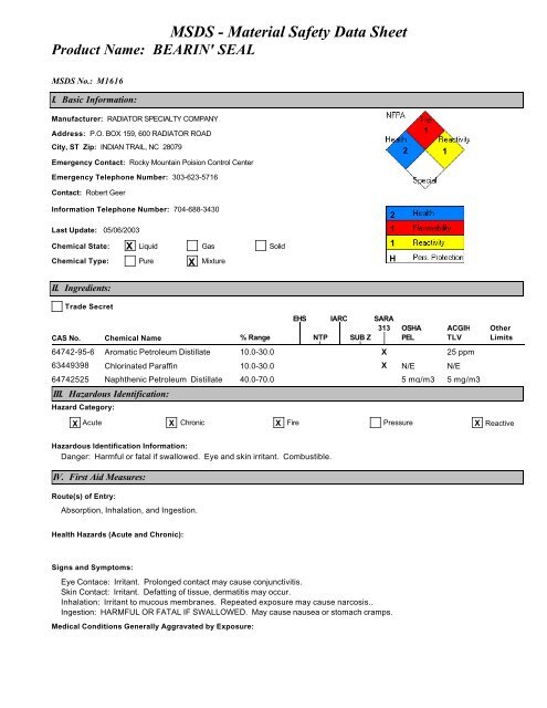 MSDS - Material Safety Data Sheet Product ... - Myers Tire Supply