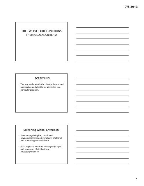 THE TWELVE CORE FUNCTIONS THEIR GLOBAL CRITERIA ...