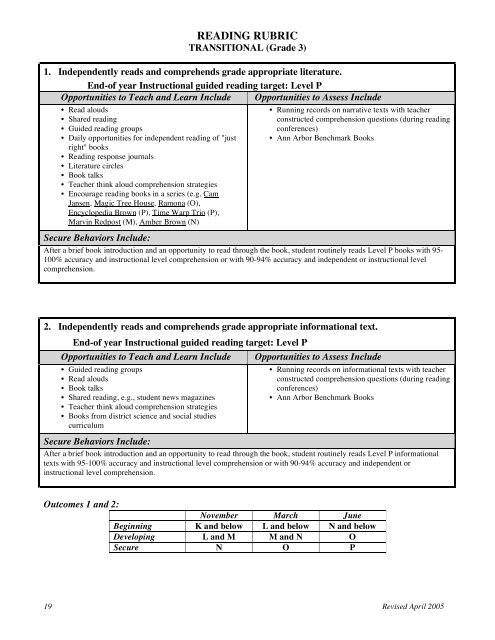 3rd Reading Rubric - Ann Arbor Public Schools