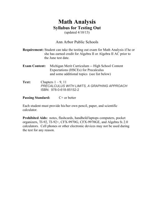 Math Analysis testing_out syllabus - Ann Arbor Public Schools