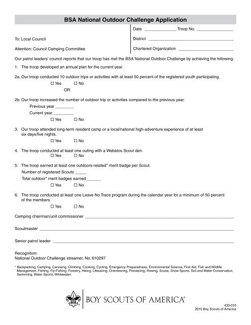 BSA National Outdoor Challenge Application - Boy Scouts of America