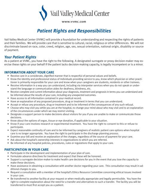 Patient Rights and Responsibilities - Vail Valley Medical Center