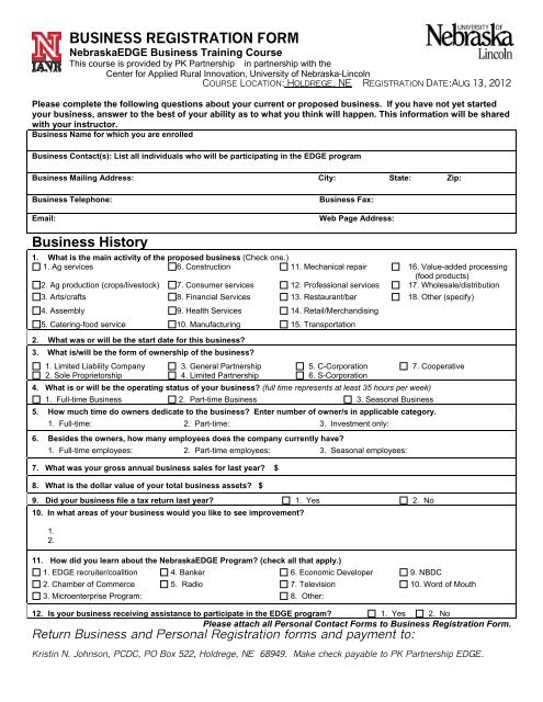 BUSINESS REGISTRATION FORM Business History