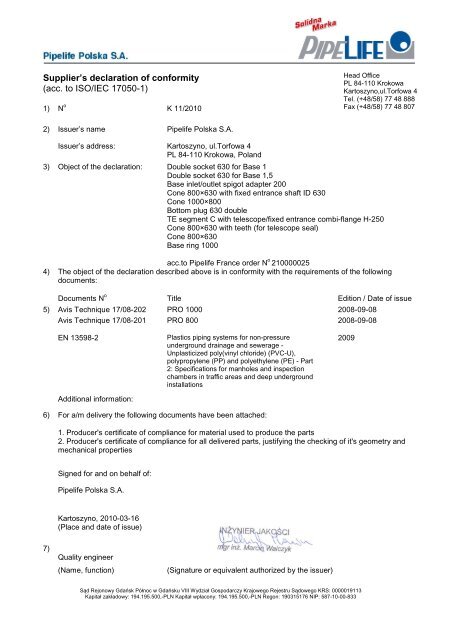 Supplier's declaration of conformity (acc. to ISO/IEC 17050-1)