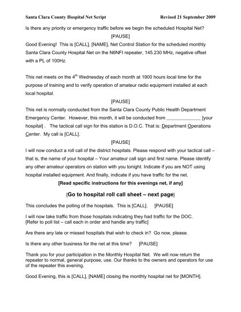 hospital roll call sheet Ã¢Â€Â“ next page - Santa Clara County Ares/Races