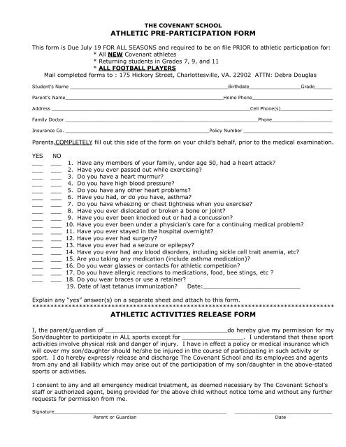 Athletic Physical Form - The Covenant School