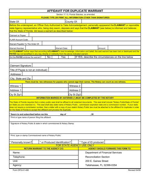 affidavit for duplicate warrant - Florida's Department of Financial ...