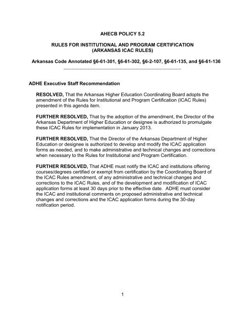 Institutional Certification Process - Arkansas Department of Higher ... Institutional Certification Process - Arkansas Department of Higher ...