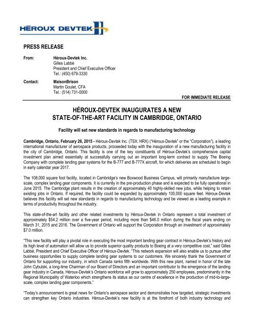 HÉROUX-DEVTEK INAUGURATES A NEW STATE-OF-THE-ART FACILITY IN CAMBRIDGE ...